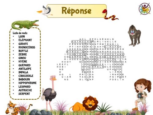 Mots mêlés Animaux de la Savane - Recherche de mots - Un Anniversaire en Or