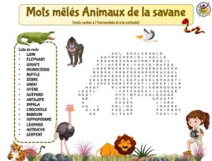 Mots mêlés Animaux de la Savane - Recherche de mots - Un Anniversaire en Or